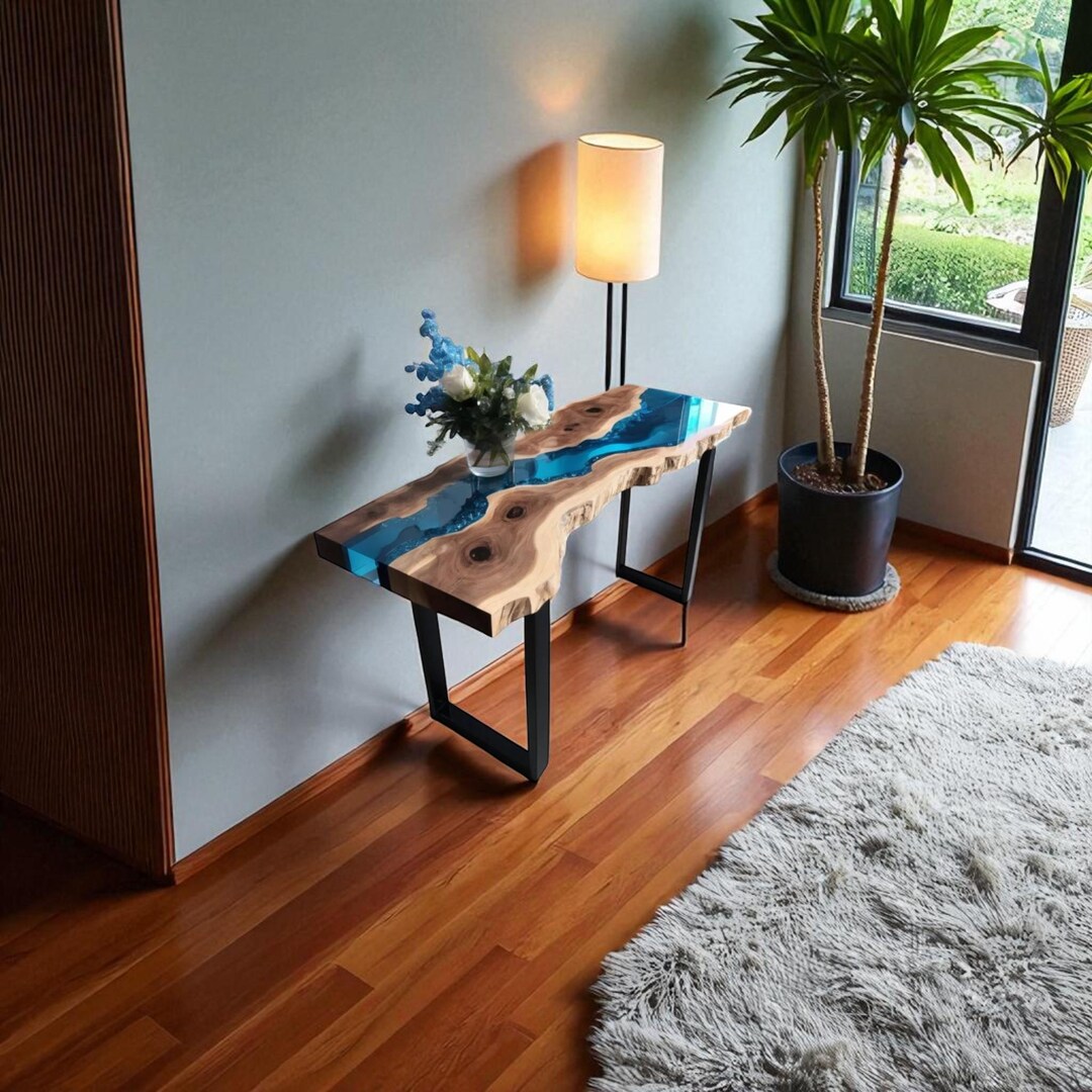 Handmade Live Edge Epoxy Resin Console Table: Aqua Blue Hallway ...
