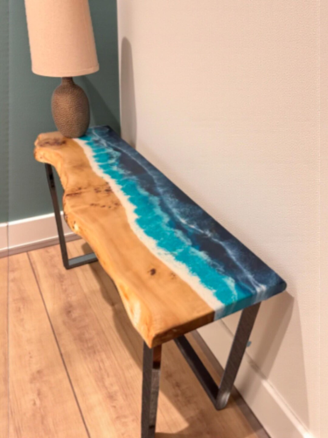Handmade Ocean Epoxy Console Table | Live Edge Wood, Metal Legs - Etsy