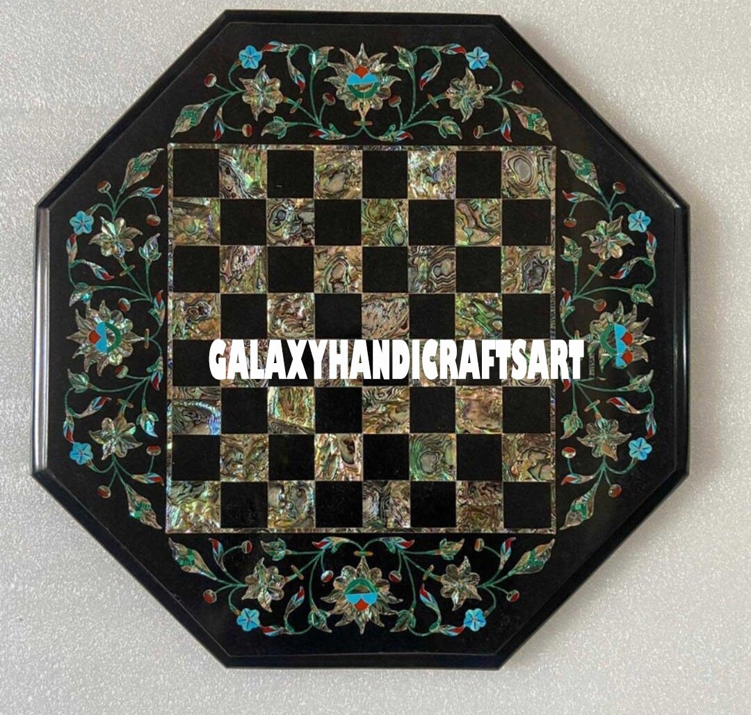 Black Marble Chess Board Inlay Art Semi Precious Stone Multi Color Paua ...