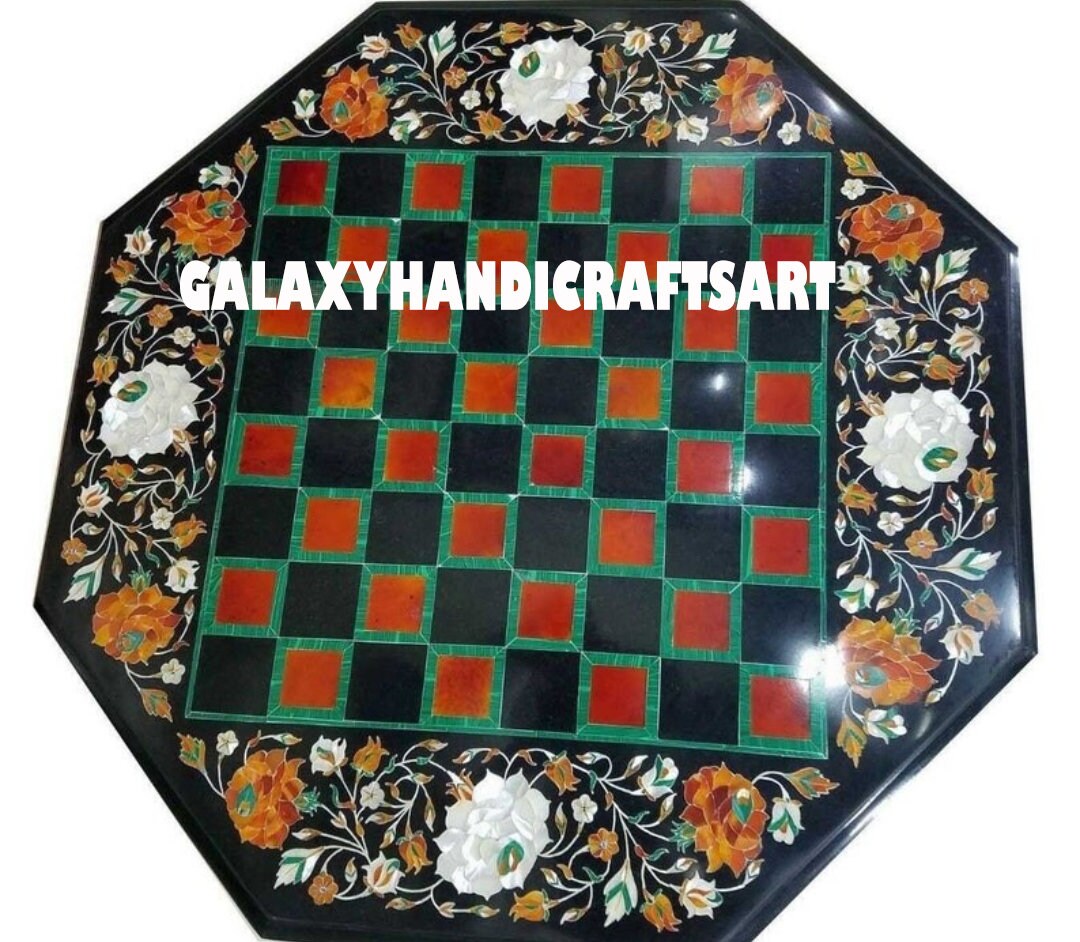 Black Marble Multi Color Inlay Art Chess Table Handmade Board ...