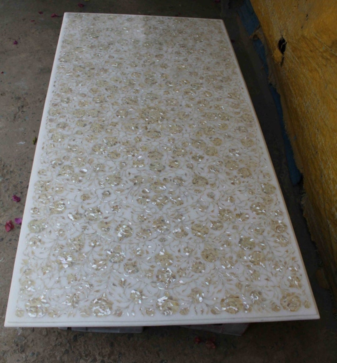 Full White Marble Dining Table Top Semi Precious Stone Mother of Pearl ...