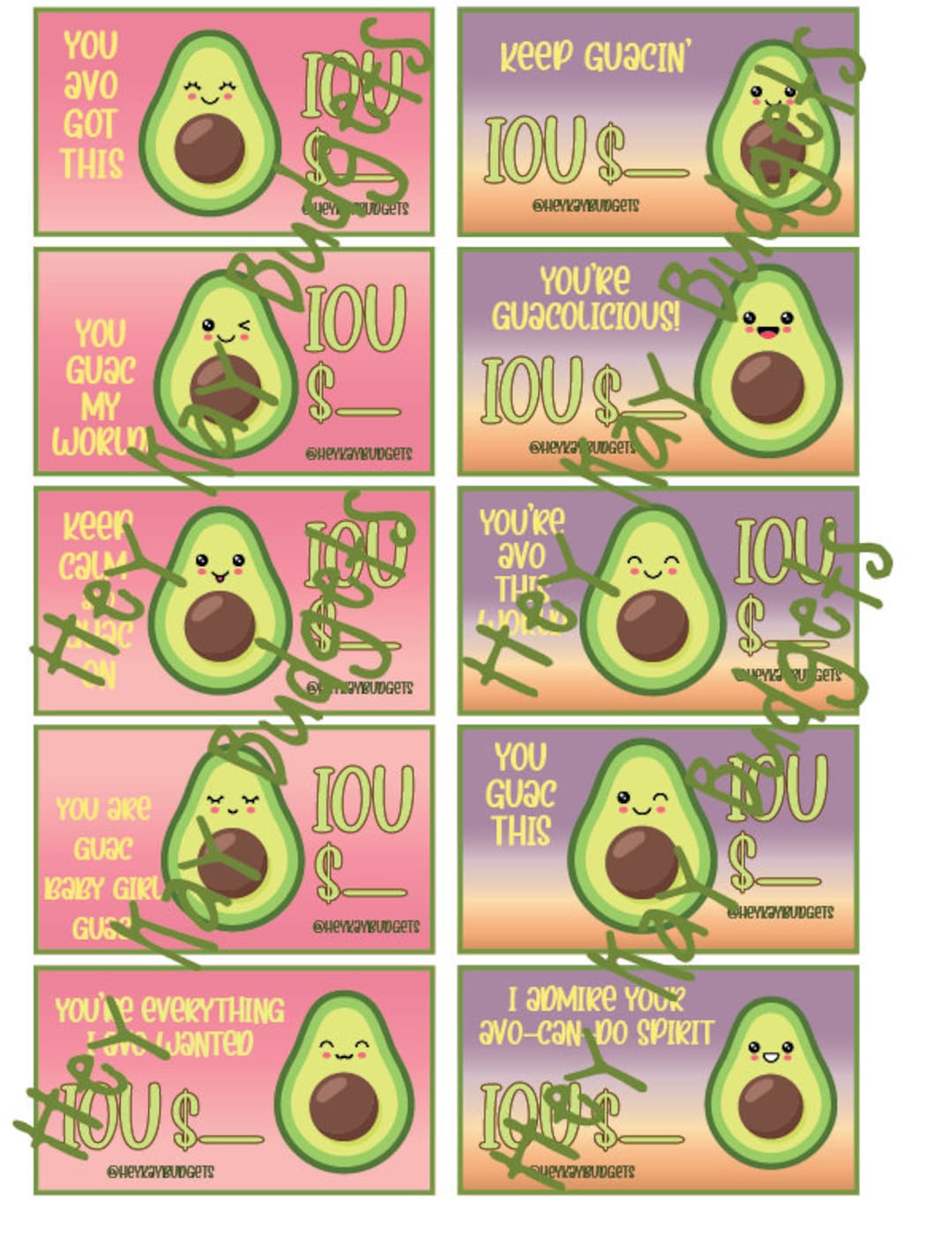 10 Encouraging Avocado IOU Slips (set 2)- Printable PDF - Etsy