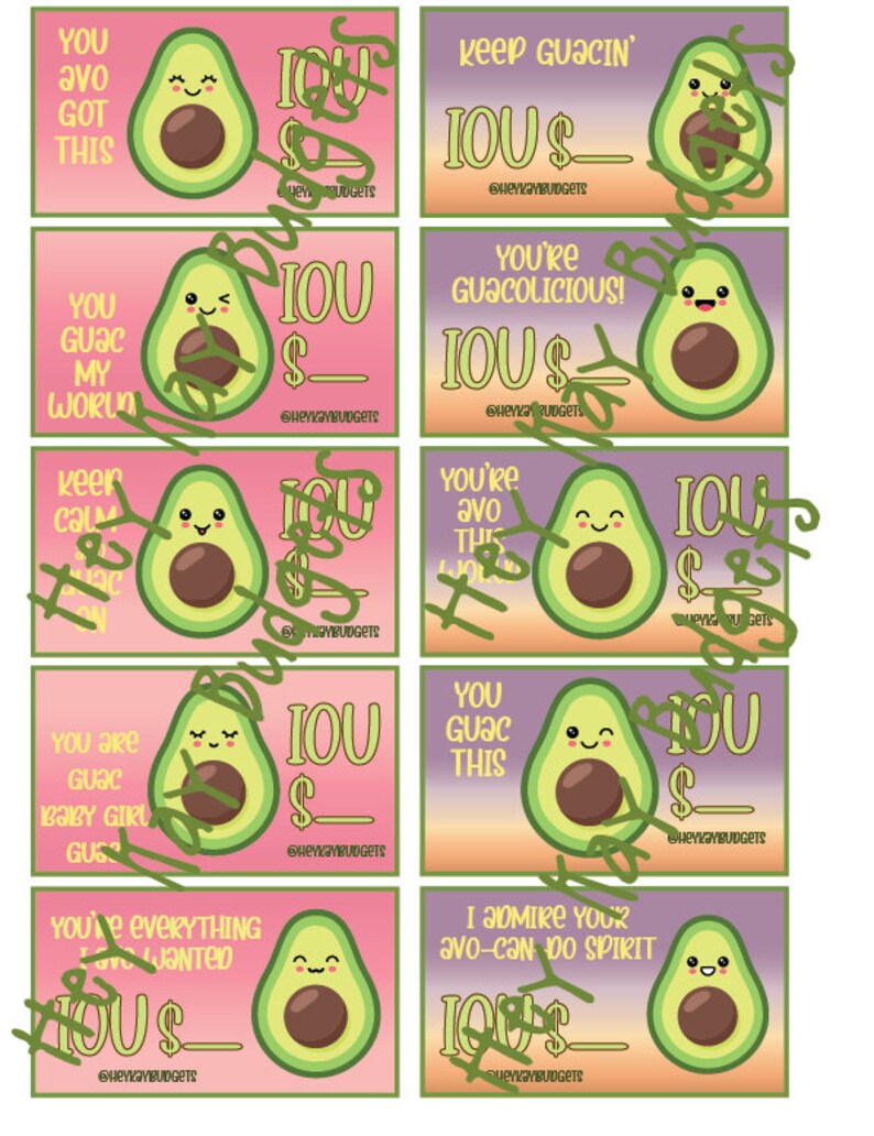 10 Encouraging Avocado IOU Slips set 2 Printable PDF - Etsy