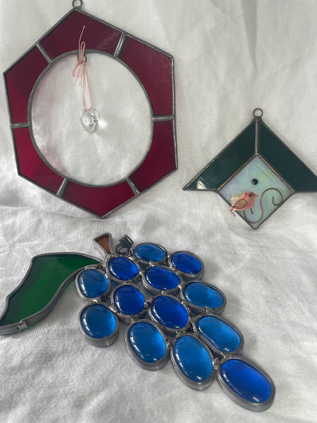 3 Collectable Stain Glass Sun Catchers Red Wreath With a Heart 6 ...