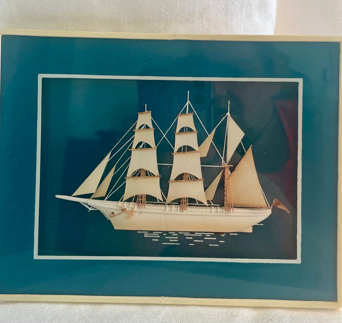 3D Shawdow Box Tall Ship Made of Cork and Wood Blue Mat and Orginal ...