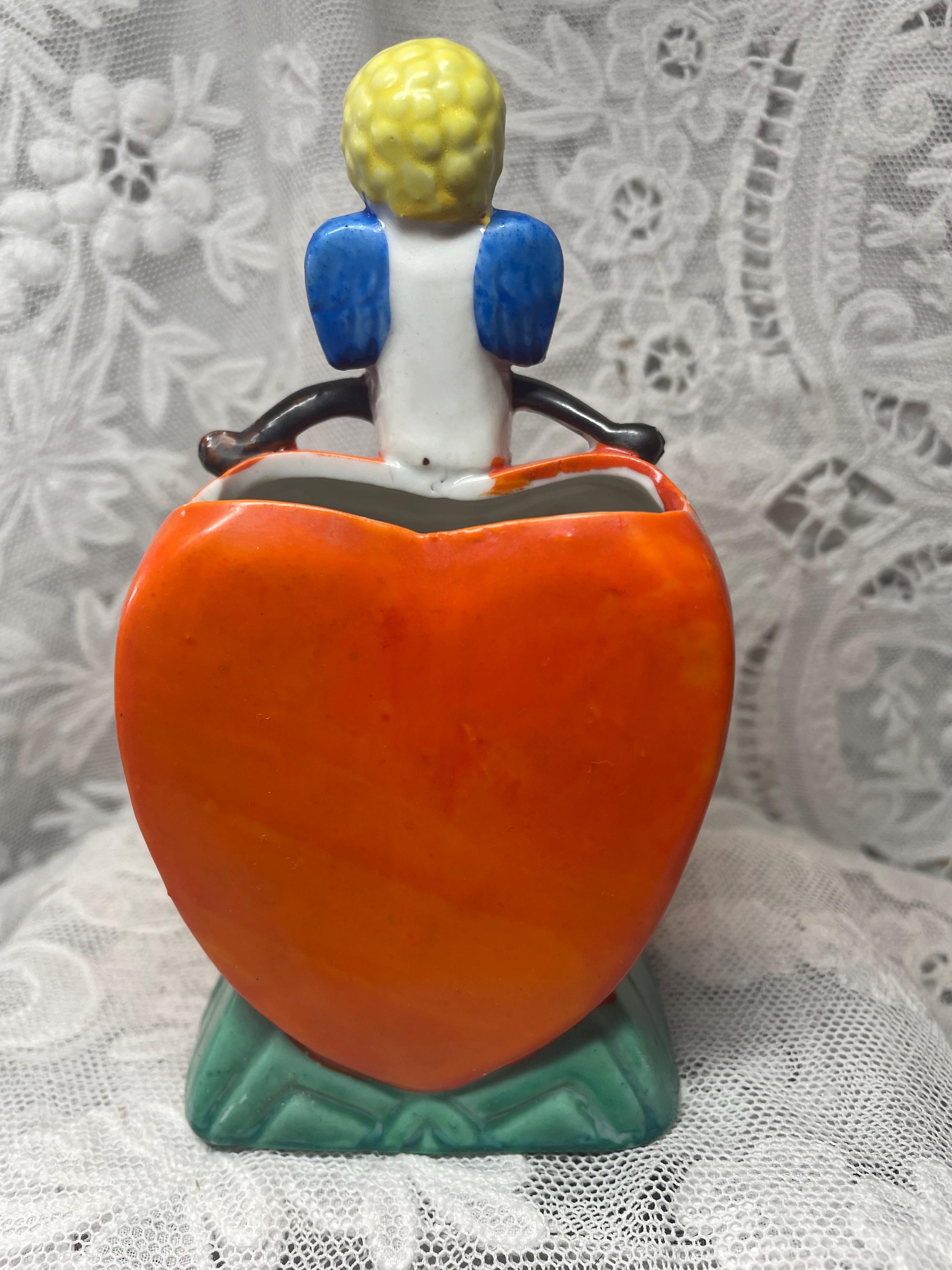 Rare Valentine Angel on a Heart Shape Planter 6x4 Made in JAPAN Yellow ...