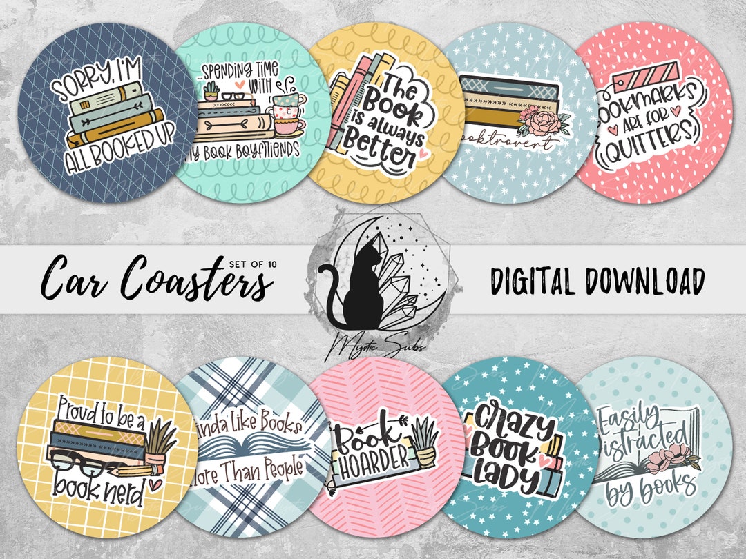 Book Coaster Png Bundle, Book Nerd Gift Coaster Design, Book Lover ...
