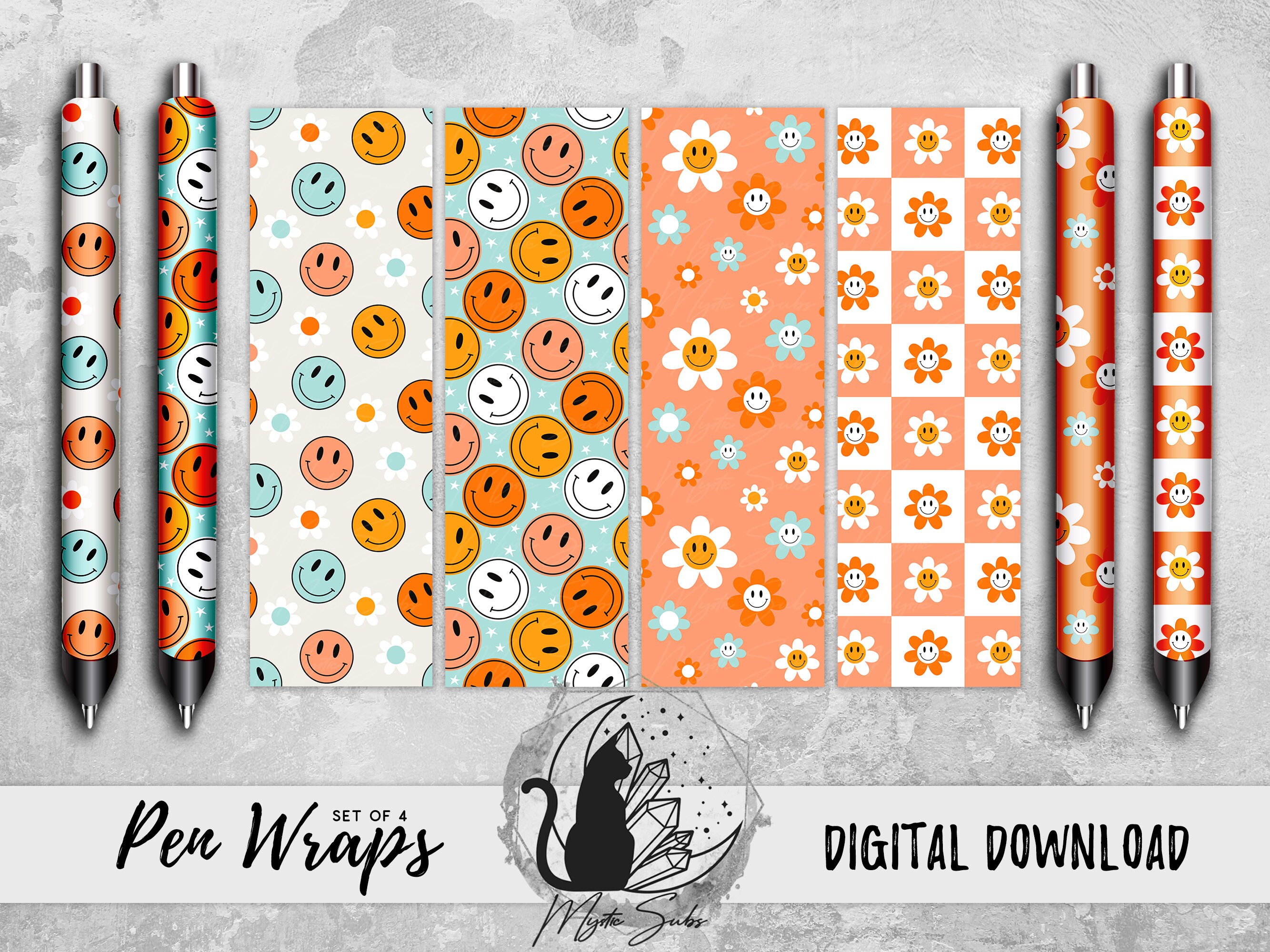 Retro Pen Wrap Png Bundle, Hippie Vinyl Pen Designs, Smiley Sublimation ...