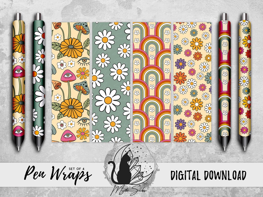Retro Pen Wrap Png Bundle, Hippie Vinyl Pen Wrap Design, Flower ...