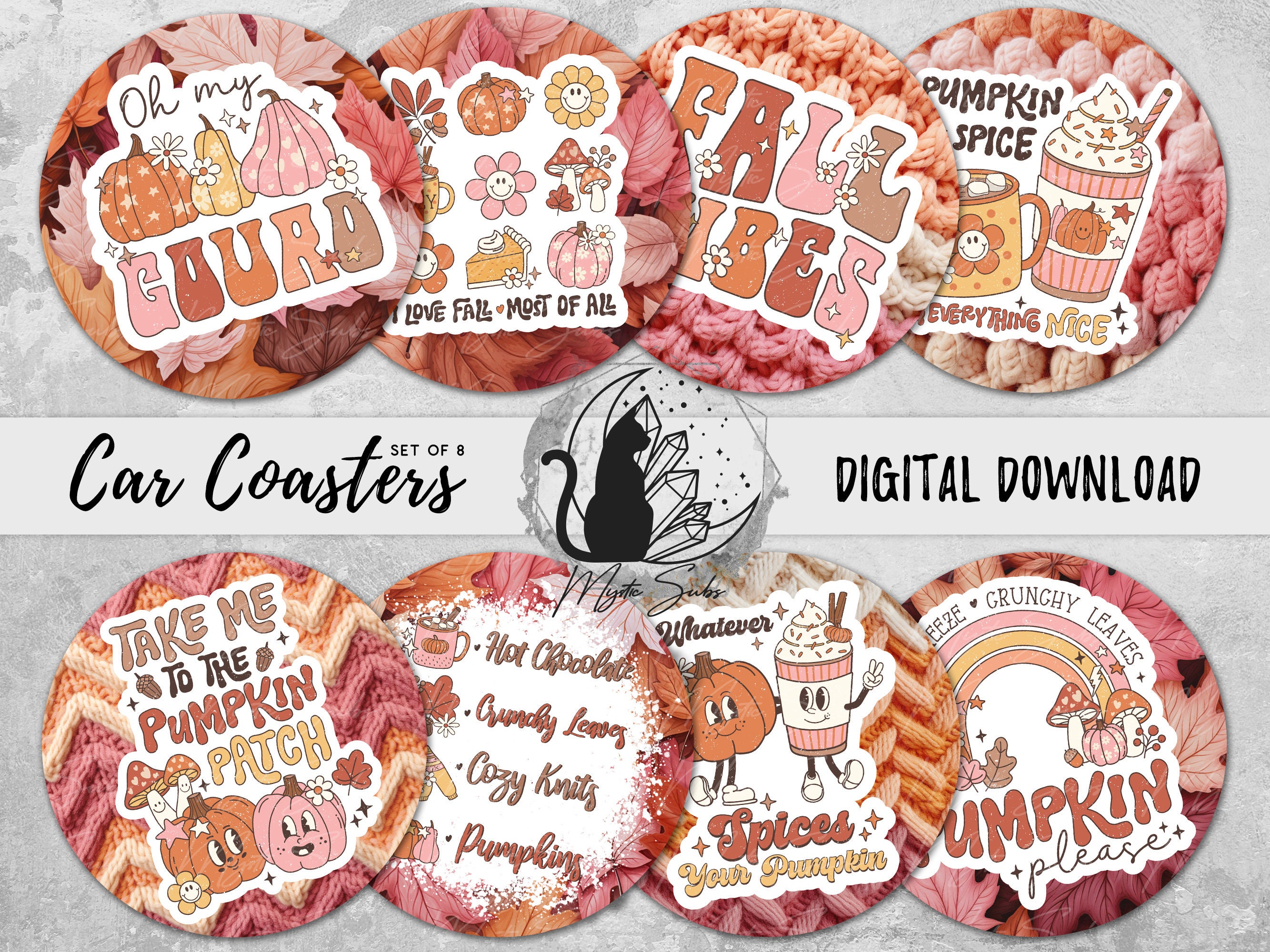Fall Car Coaster Png Bundle, Retro Coaster Designs, Autumn Sublimation ...