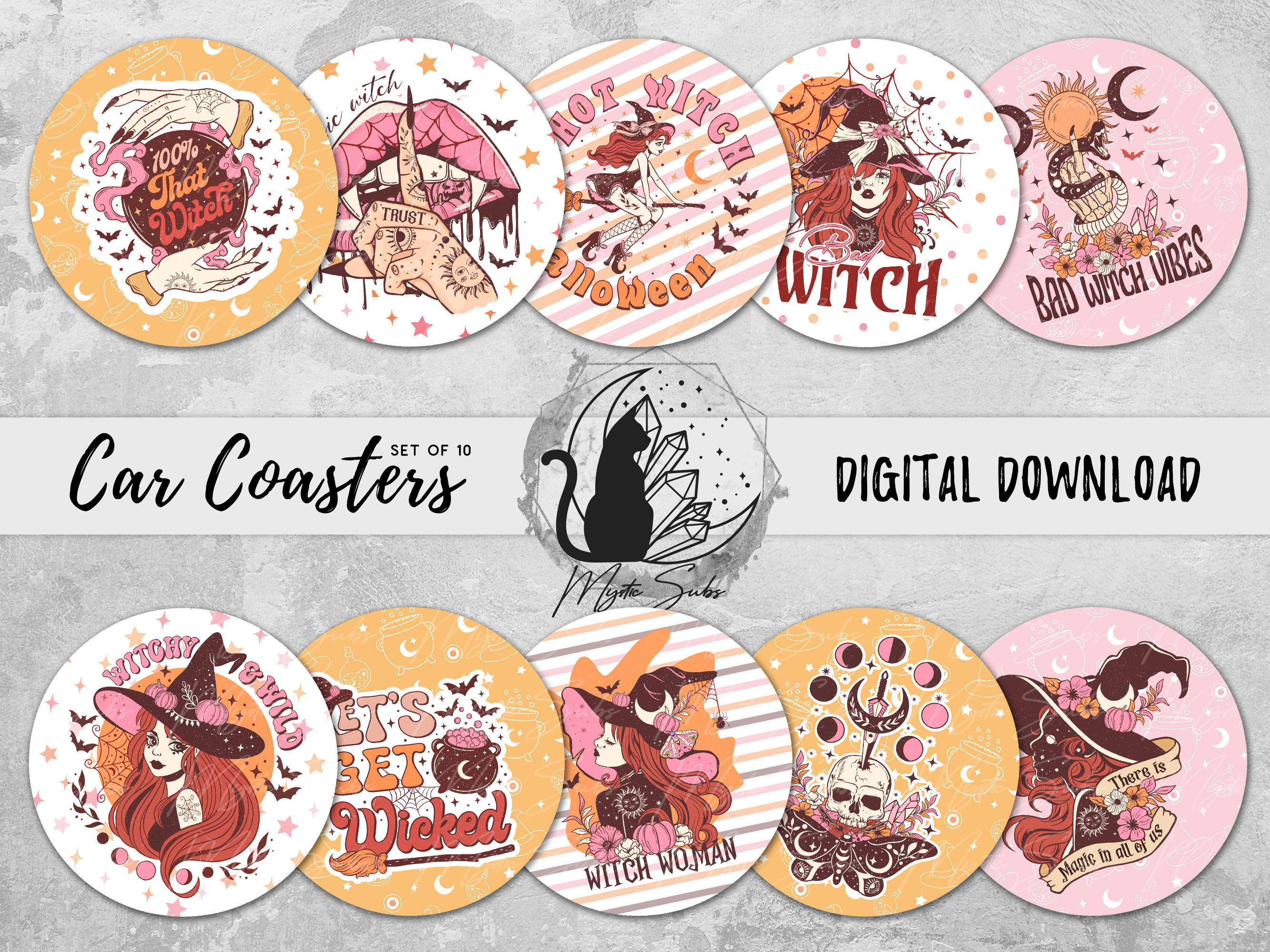 Halloween Car Coaster Png Bundle Witch Coaster Designs Retro - Etsy