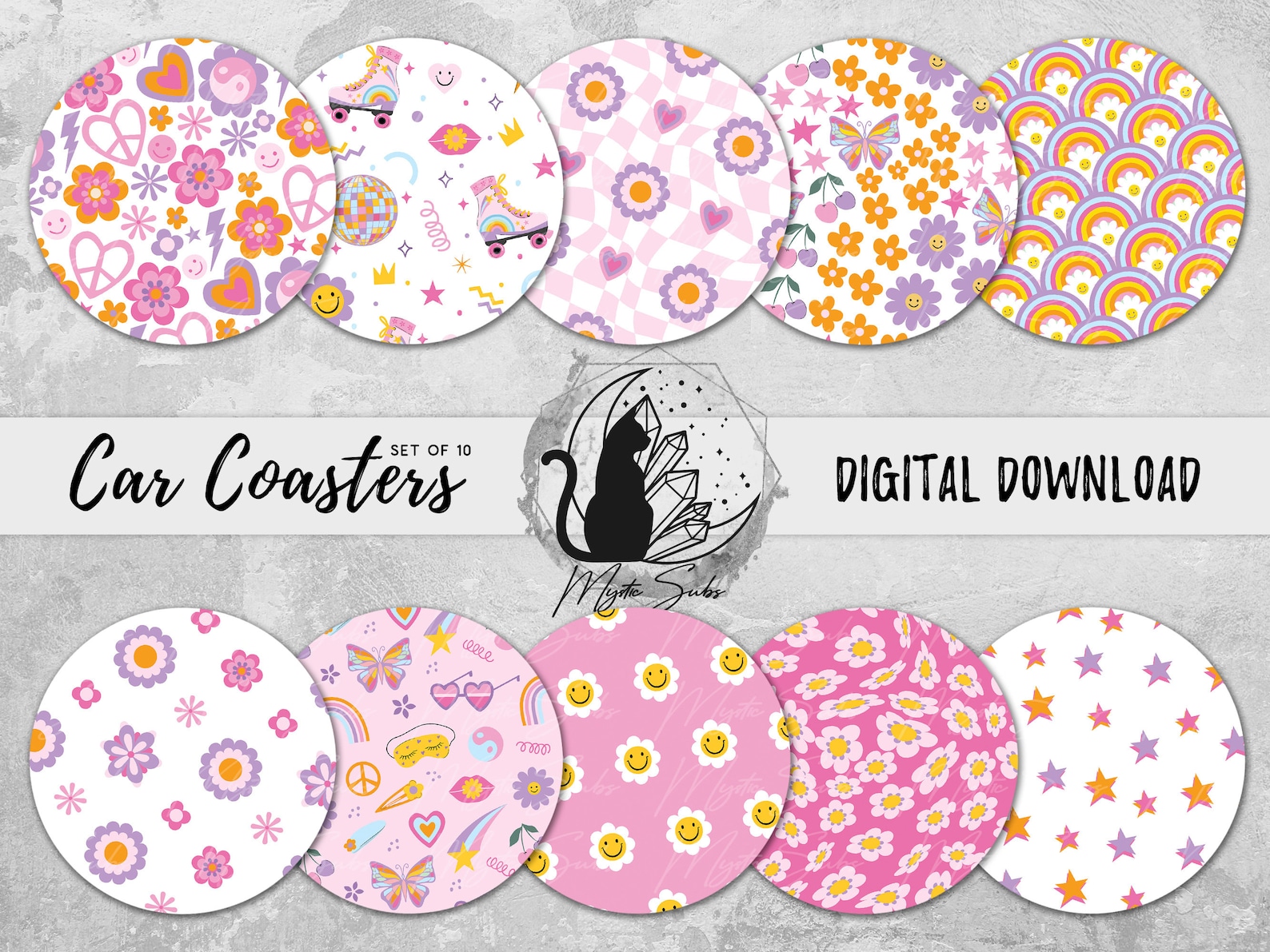 Retro Car Coaster Png Bundle, 90s Aesthetic Coaster Designs, Disco ...