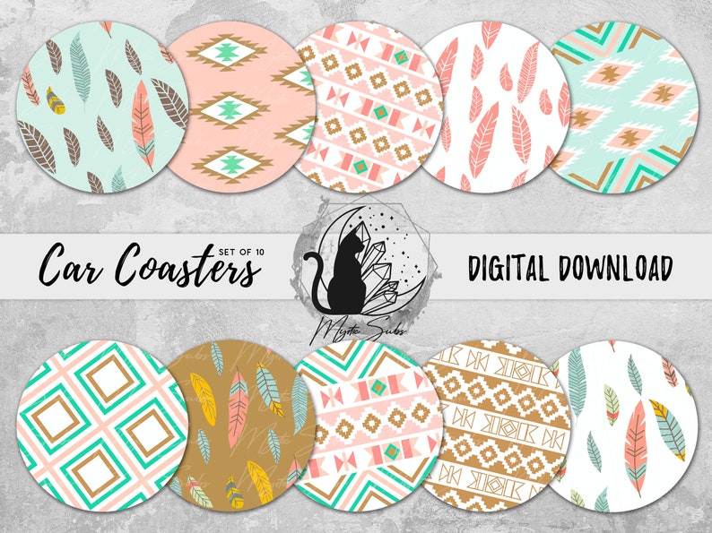 Boho Car Coaster Png Bundle, Trendy Coaster Designs, Disco Sublimation ...