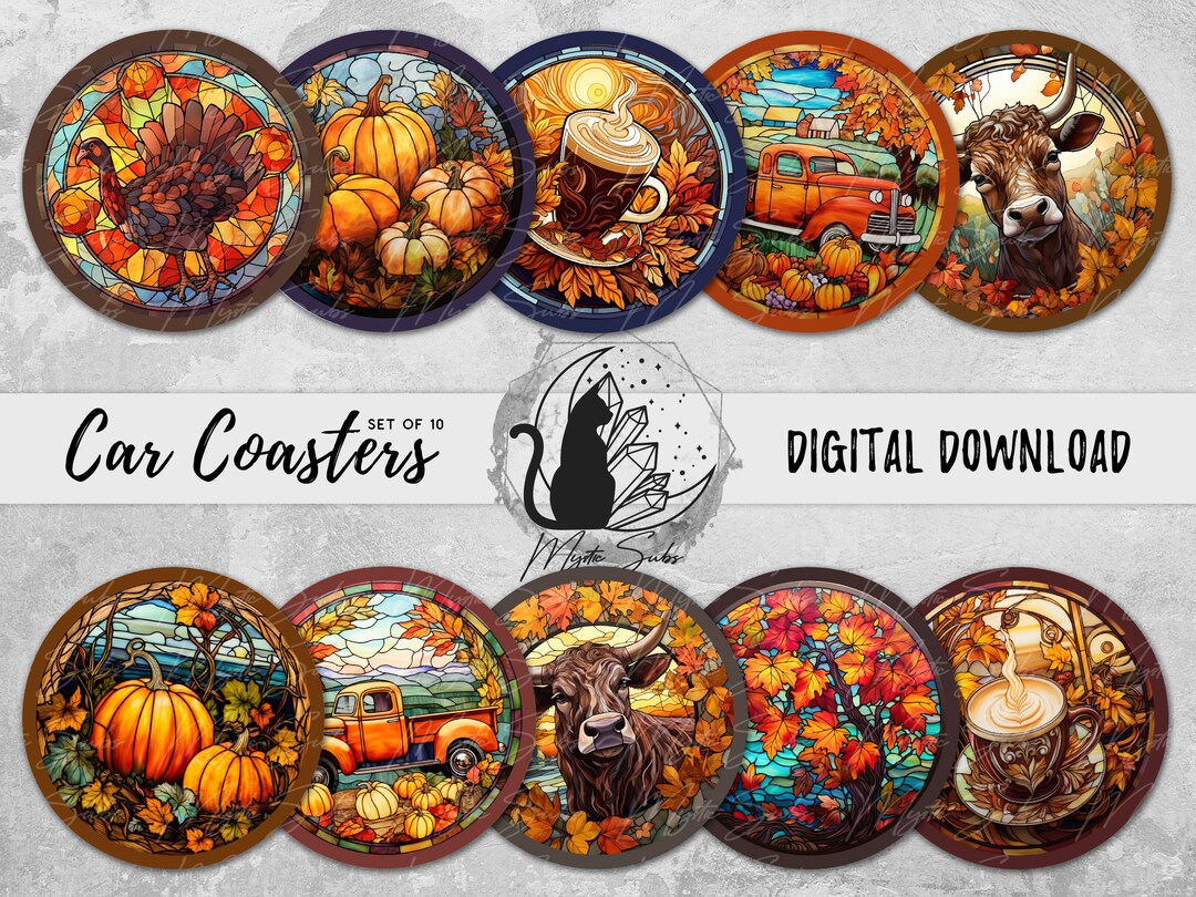 Fall Car Coaster Png Bundle, Stained Glass Coaster Designs, Leaves ...