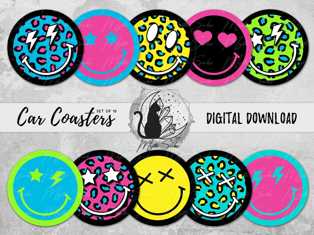 Happy Face Car Coaster Png Bundle, Smile Theme Coaster Designs, Funny ...