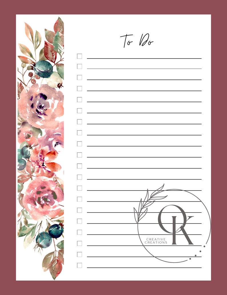 Floral to Do List Printable Checklist Instant Download - Etsy