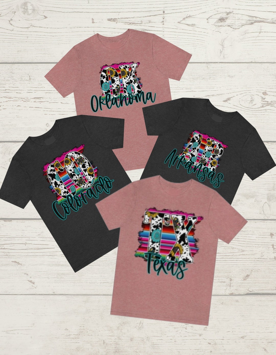 Cow Print and Turquoise State Abbreviation Tee Shirts - Etsy
