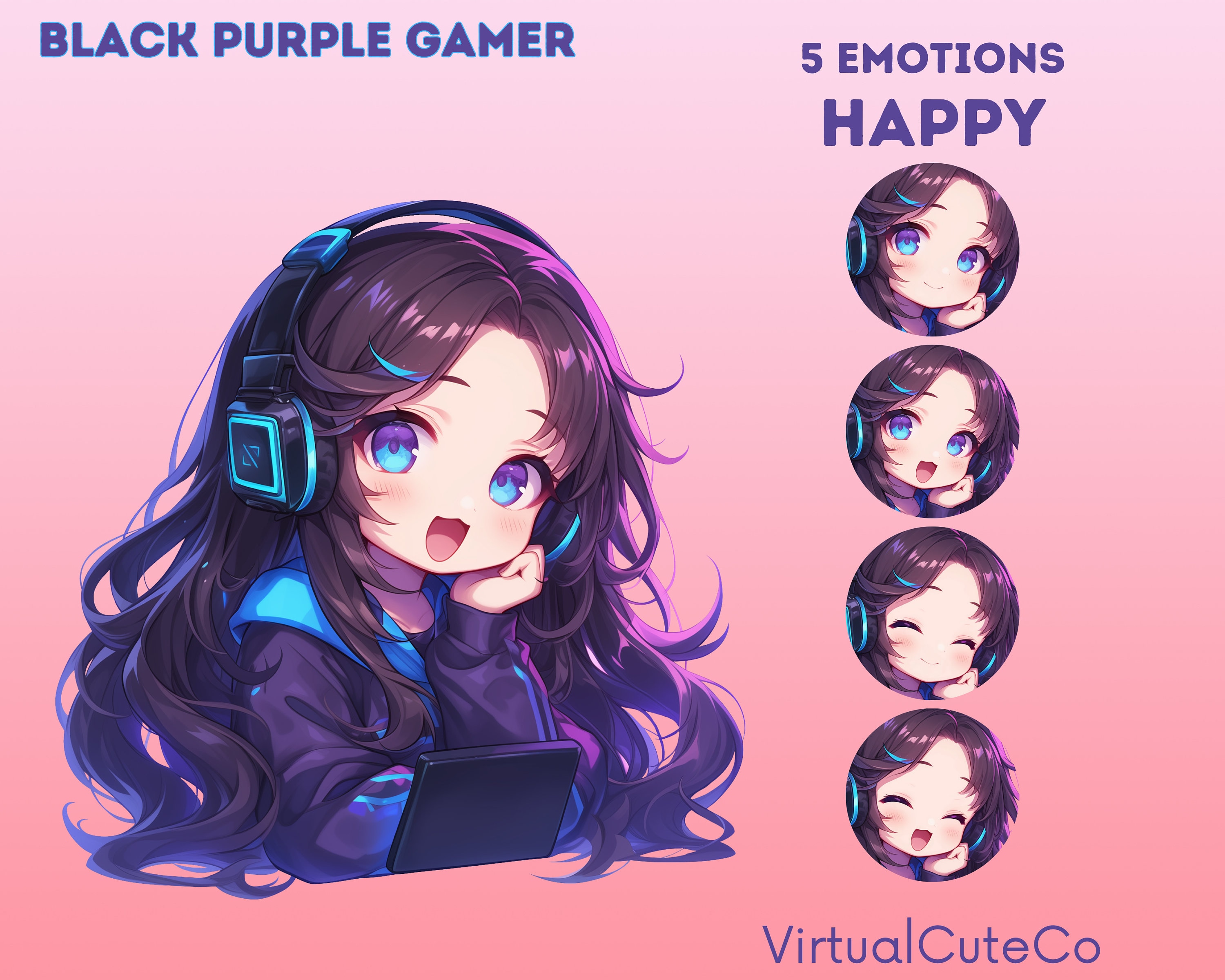 Black Purple Gamer Girl Pngtuber | Ready to Use | 5 Emotions and ...