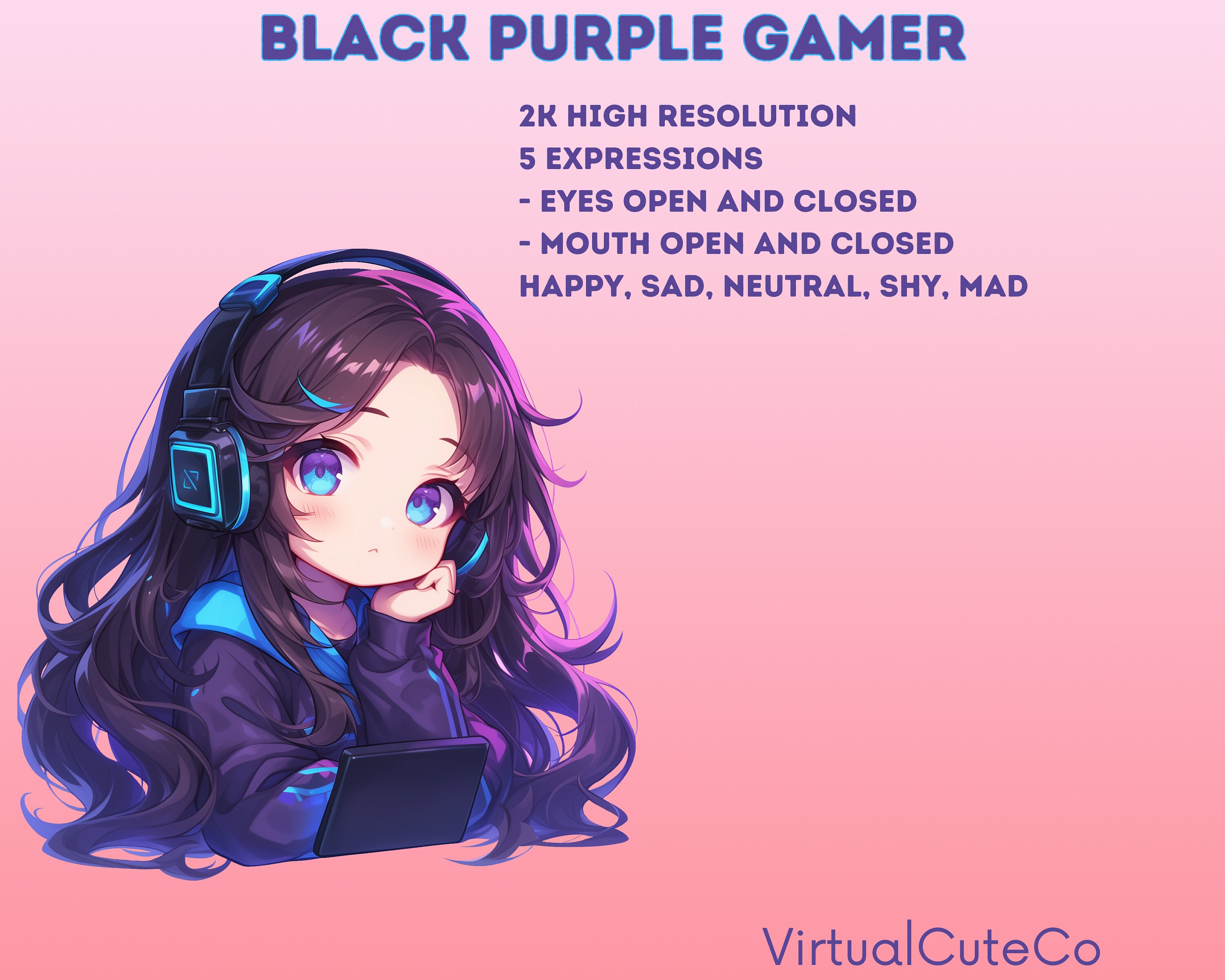 Black Purple Gamer Girl Pngtuber | Ready to Use | 5 Emotions and ...