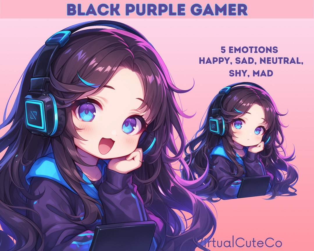 Black Purple Gamer Girl Pngtuber | Ready to Use | 5 Emotions and ...