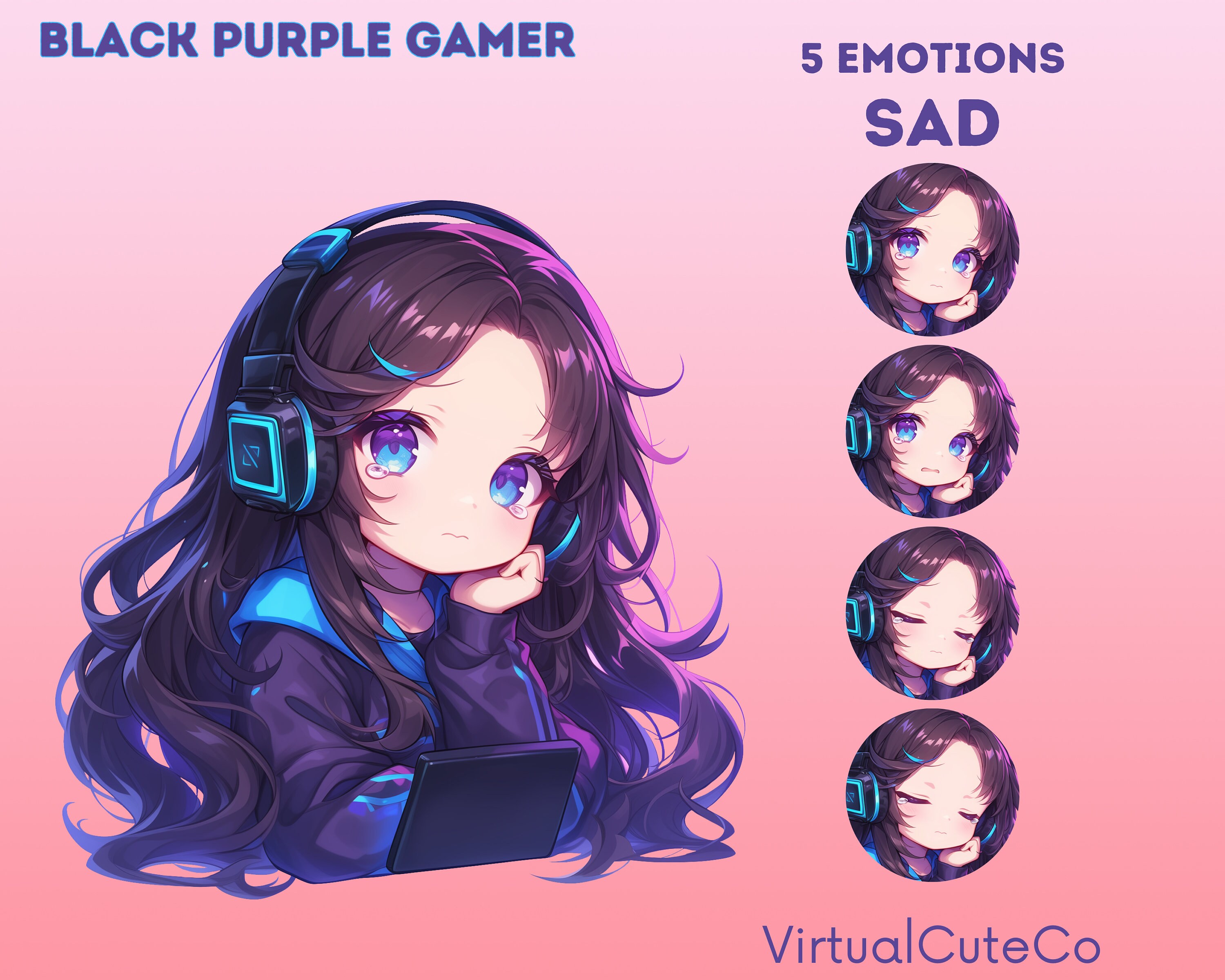Black Purple Gamer Girl Pngtuber | Ready to Use | 5 Emotions and ...