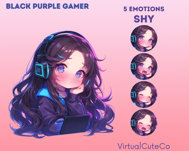 Black Purple Gamer Girl Pngtuber Ready to Use 5 Emotions and Savefile ...