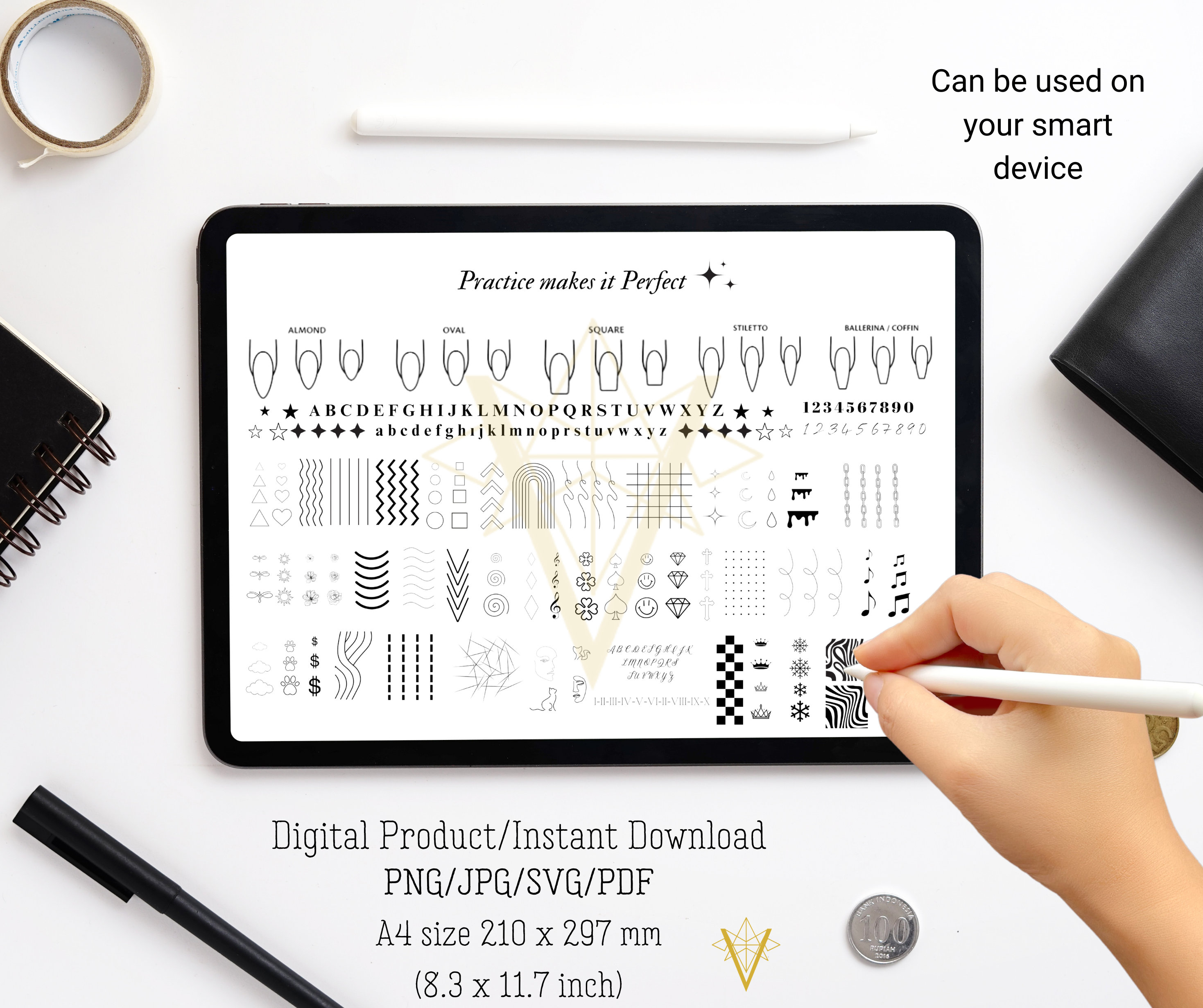 Digital Printable Nail Art Practice Sheet , Nail Art Drawing Sheet ...
