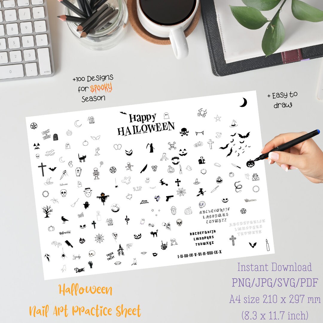 Digital Halloween Nail Art Practice Sheet, Printable Nail Art, Digital ...