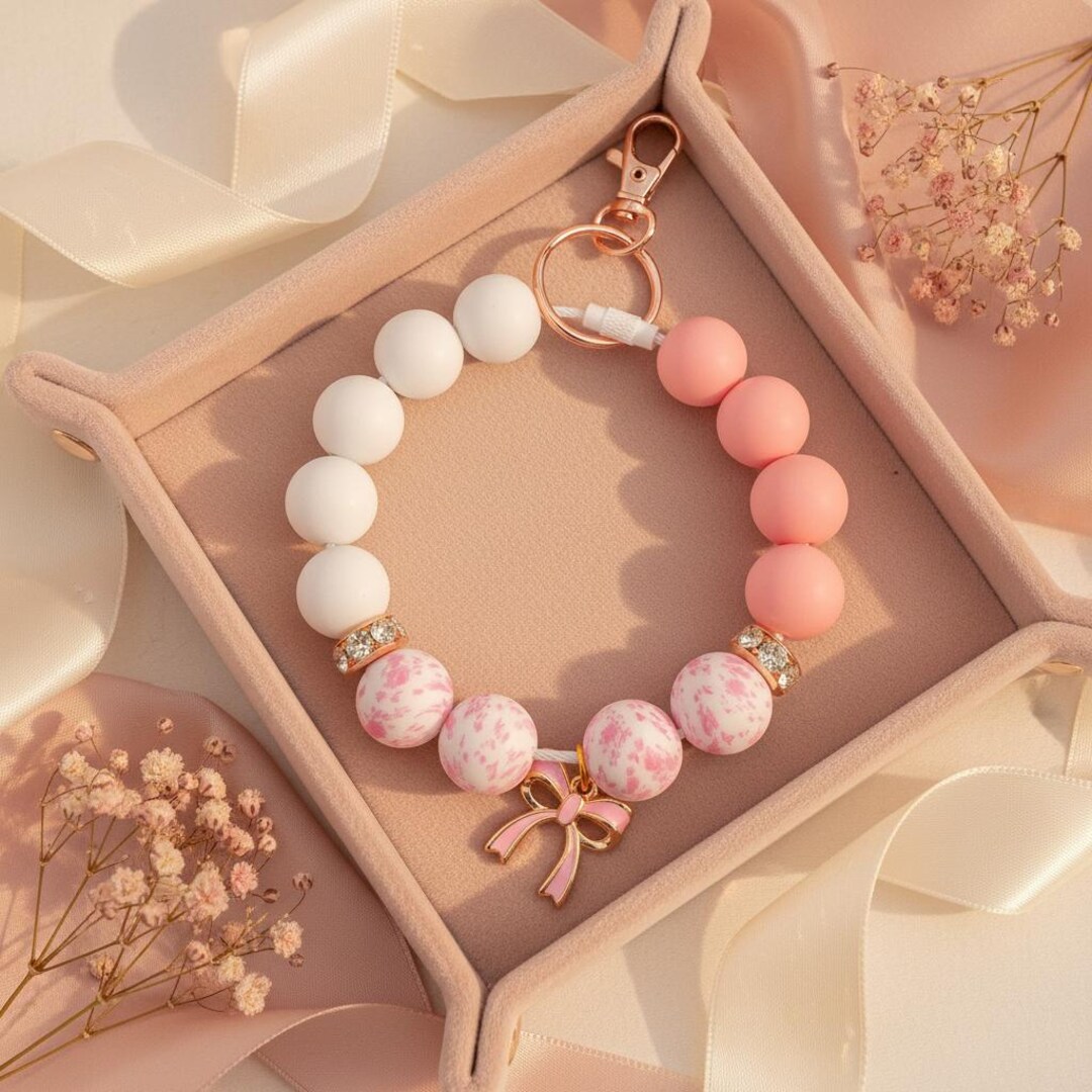 Pink Chinoiserie Beaded Keychain With Bow Charm, Rose Gold Key Ring ...