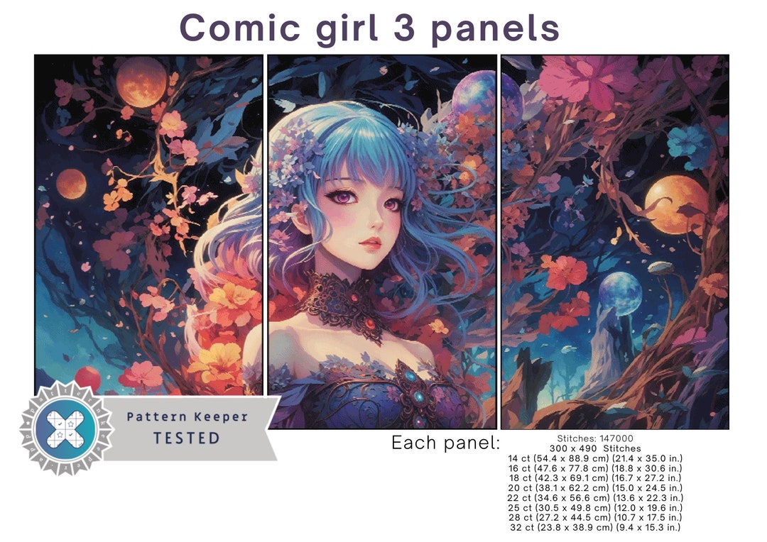 Cosmic Anime Girl Cross Stitch Pattern, 3 Panels Full Coverage. Instant ...