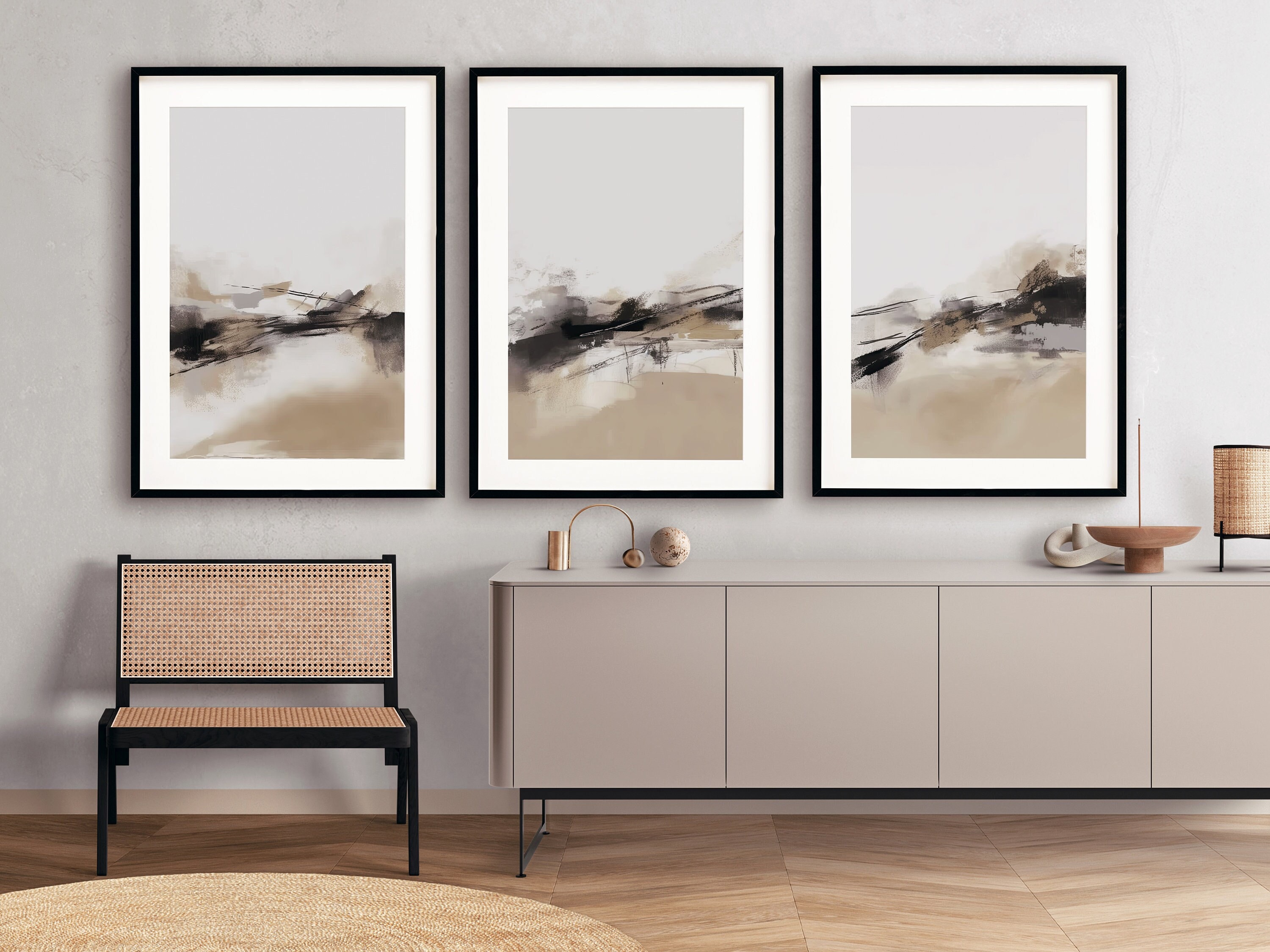 Modern Neutral Abstract Printable Wall Art Set of 3 Black and - Etsy