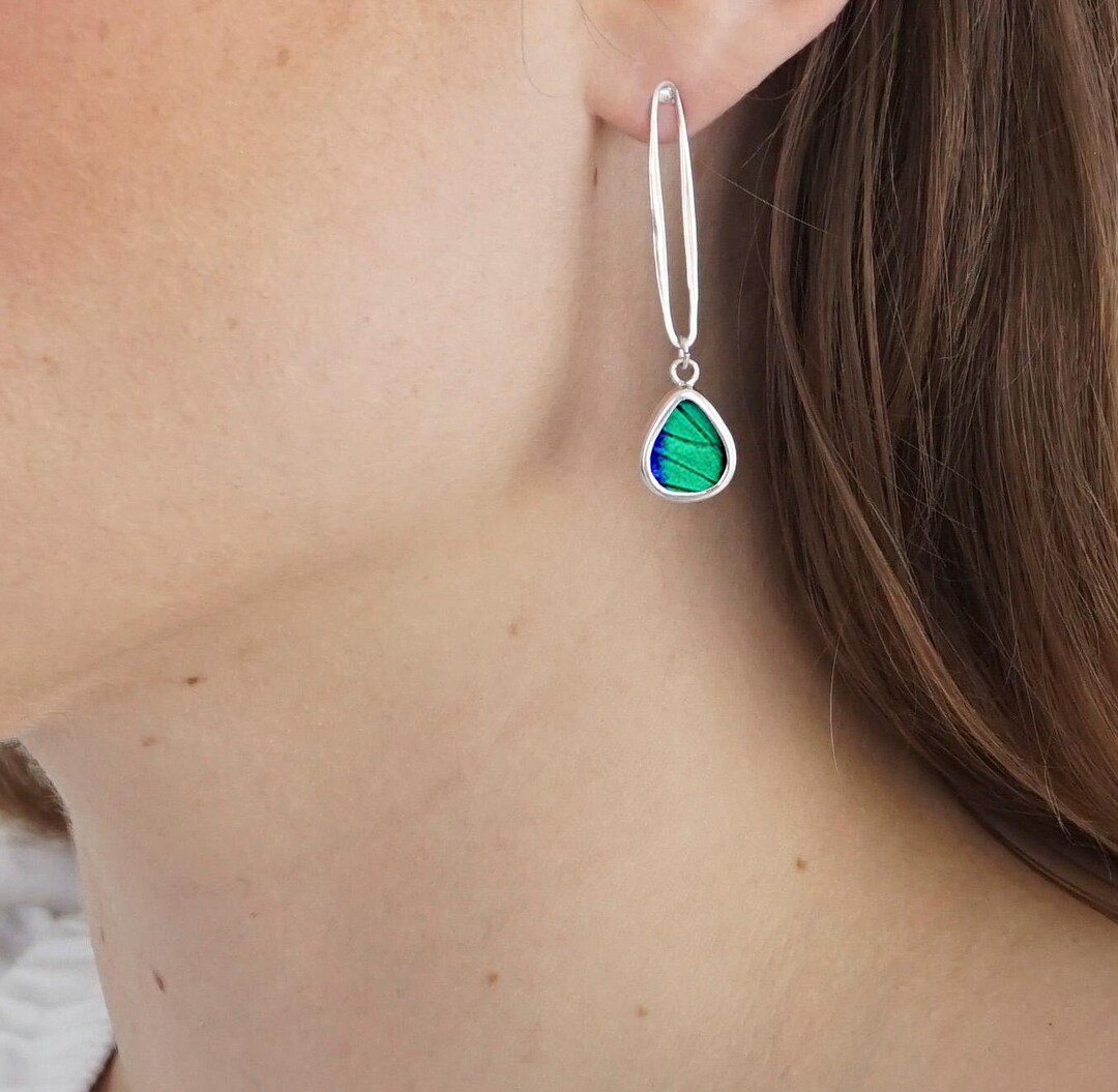 Dainty Teardrop Green Butterfly Wing Pendant on Sterling Silver Link ...