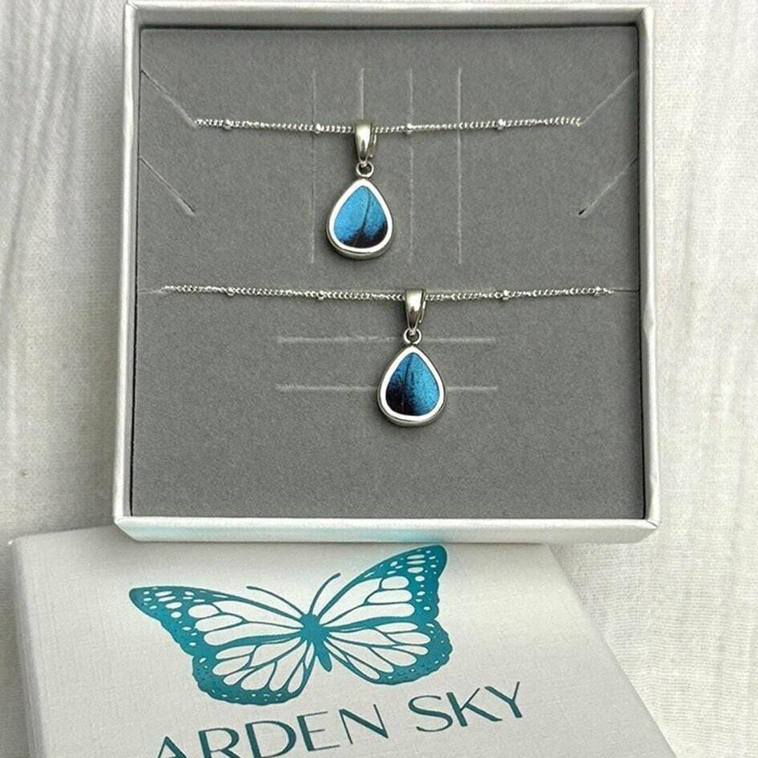 Real Morpho Achilles Butterfly Wing Necklace Set, 2 Matching Teardrop ...