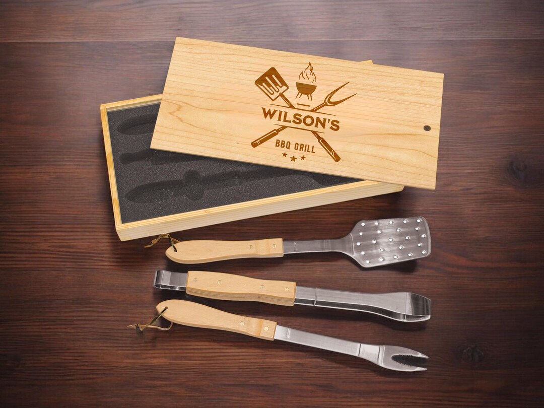 Custom 3-piece Grilling Set in Wooden Pine Box - BBQ Gift Set - Custom ...