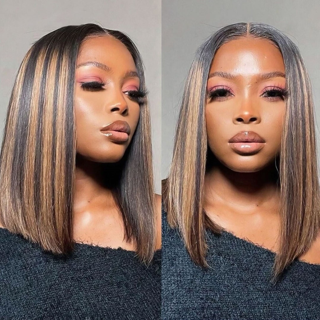 1B/30 Highlights Straight Bob Glueless Human Hair Lace Closure Wig - Etsy