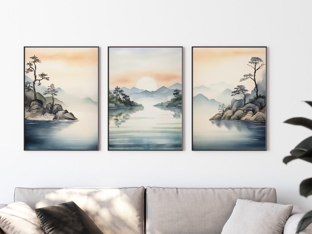Wall Art Print Set Lake Triptych Home Decor Bedroom Japandi Abstract 3 ...