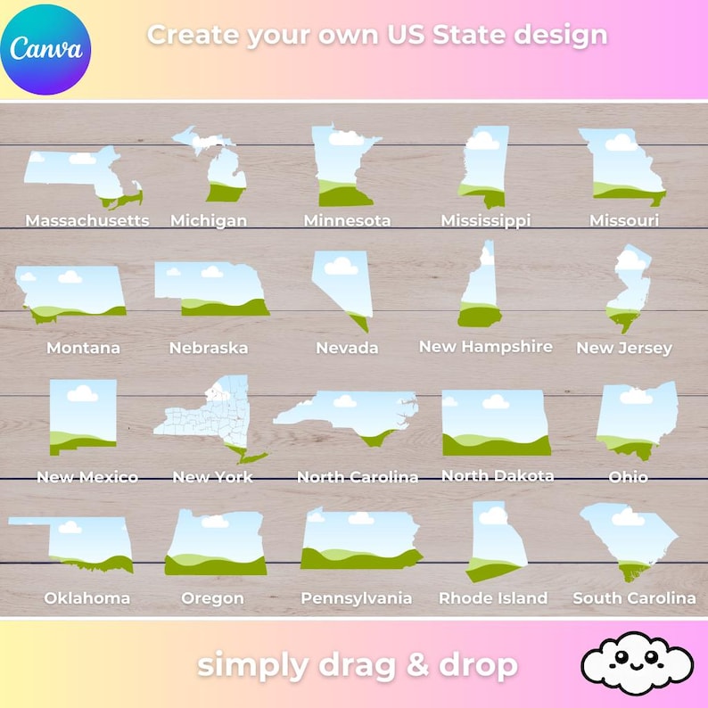 50 US States Editable Canva Templates - United States Map Bundle - Drag ...