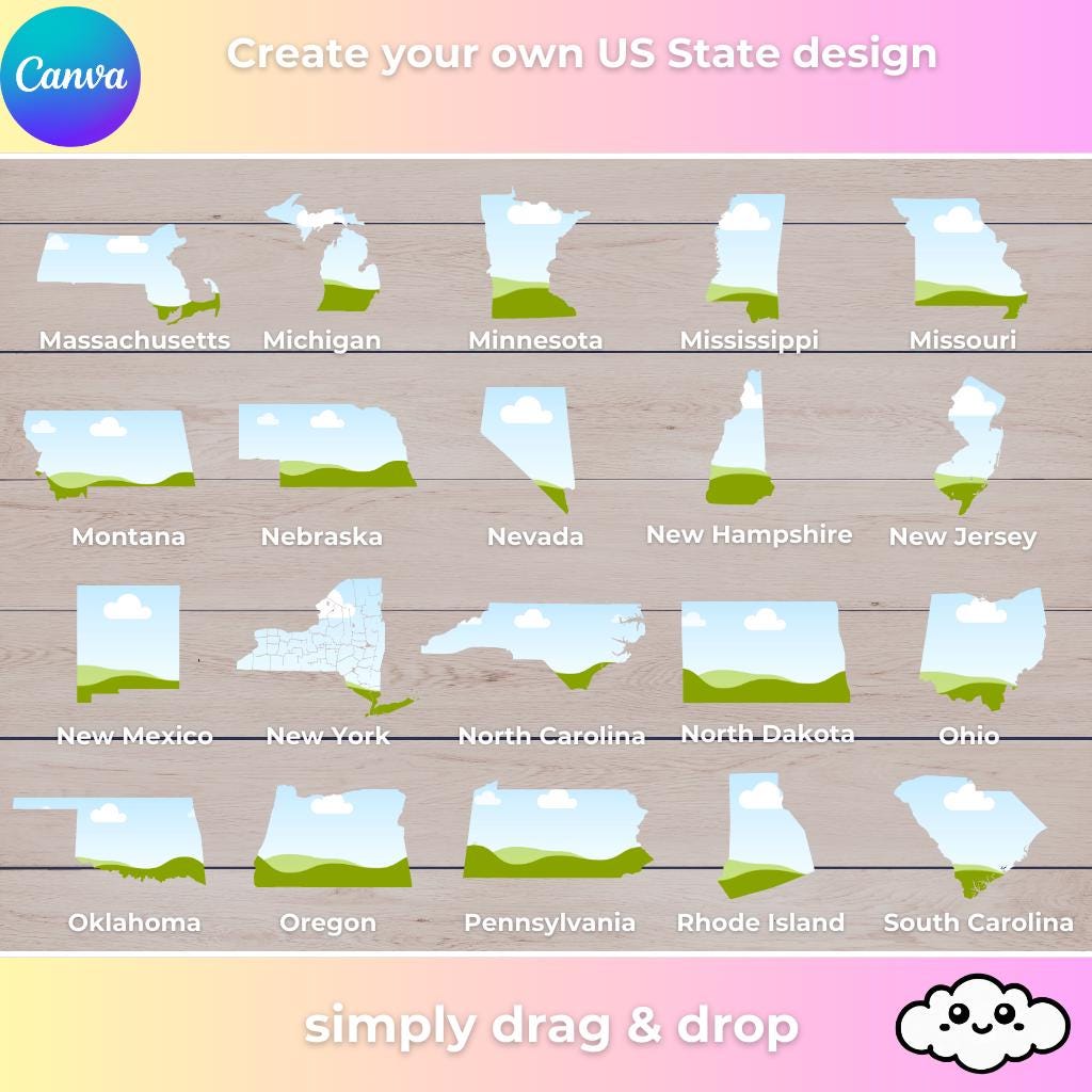 50 US States Editable Canva Templates - United States Map Bundle - Drag ...