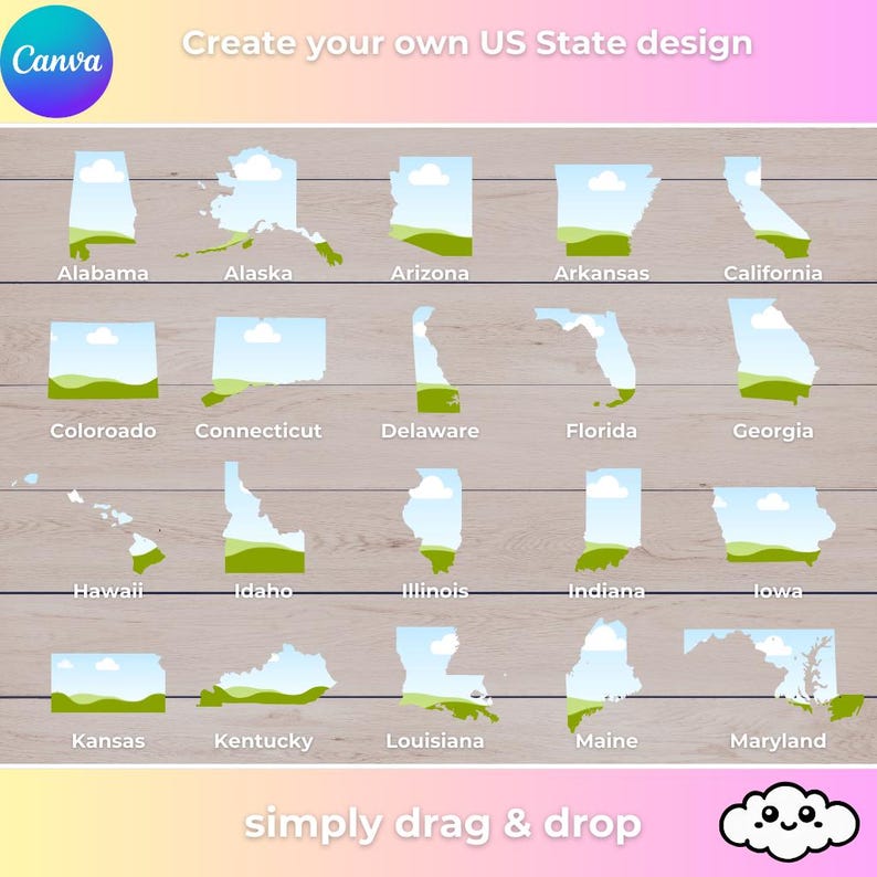 50 US States Editable Canva Templates - United States Map Bundle - Drag ...