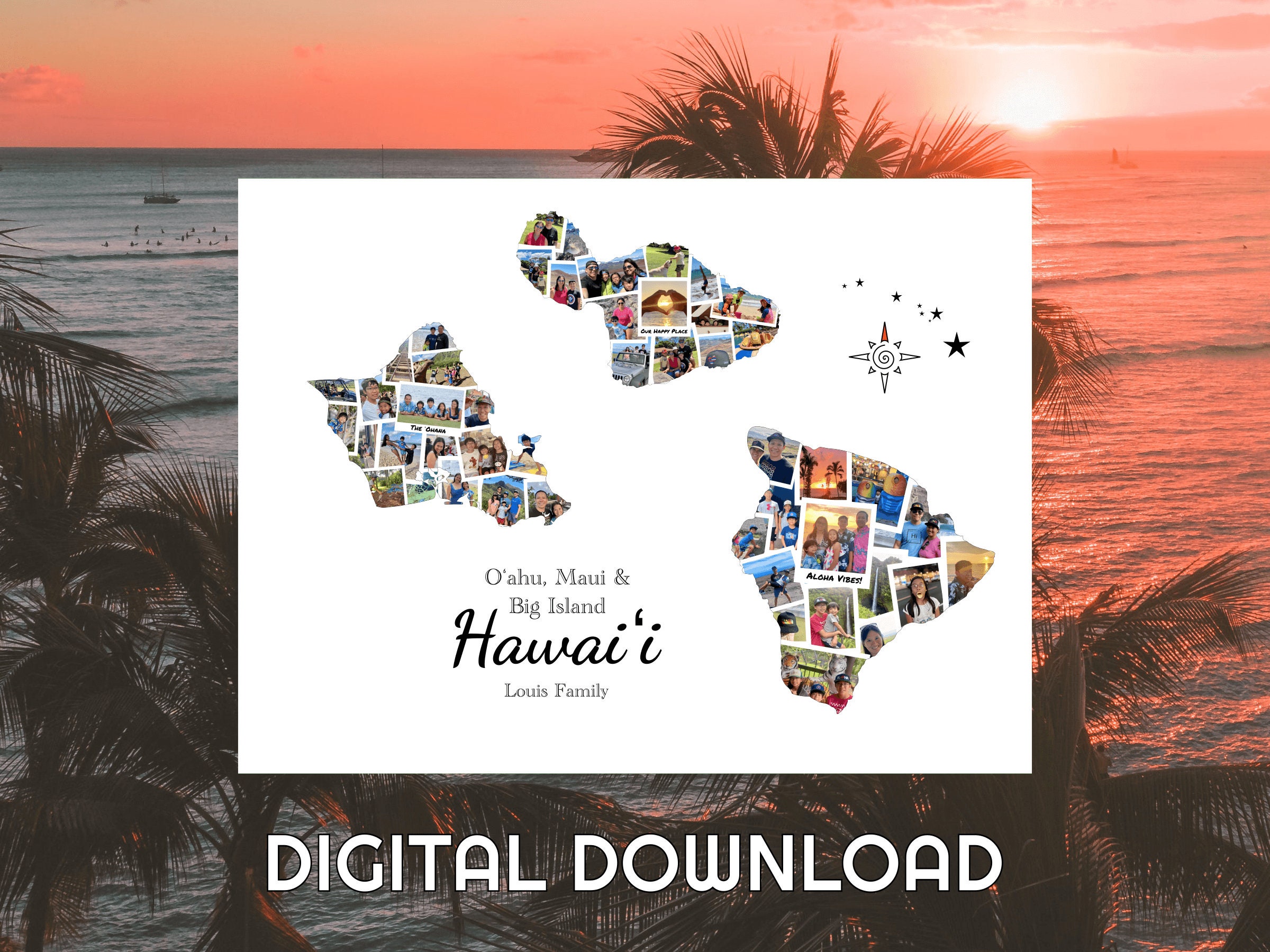 Hawaii Islands Map Photo Collage - Choose Three (3) Islands ...