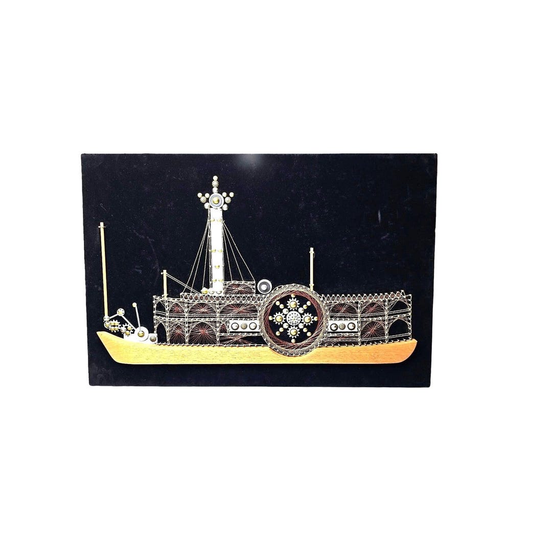 MCM Handcrafted String Art Steamboat on Black Velvet Nautical Wall ...