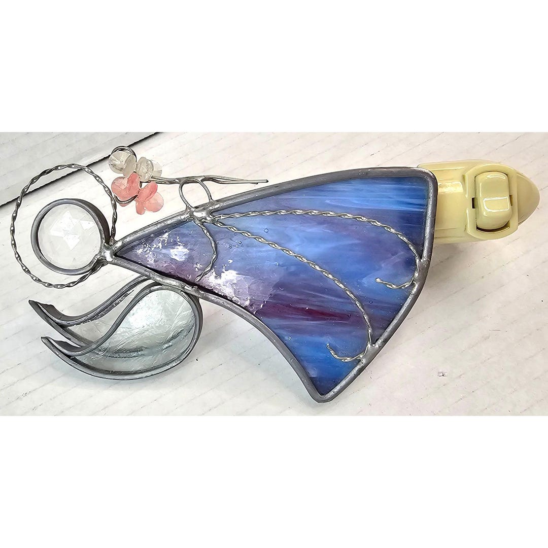 Stained Glass Angel Night Light Blue Purple Glass Design Metal Frame ...