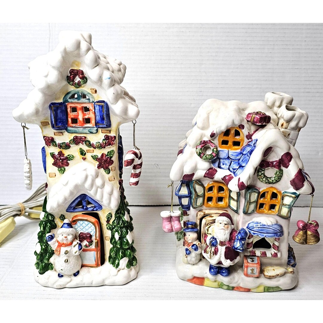2 Holiday Ceramic Lighted Christmas Village Houses Snowman Santa Claus ...