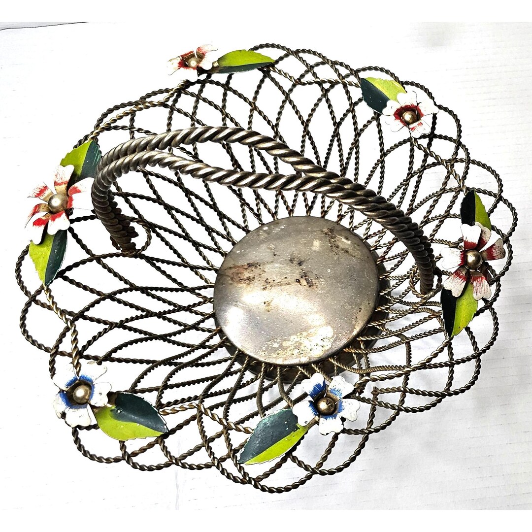 Vintage Metal Wire Basket With Enamel Flowers & Twisted Handle Country ...