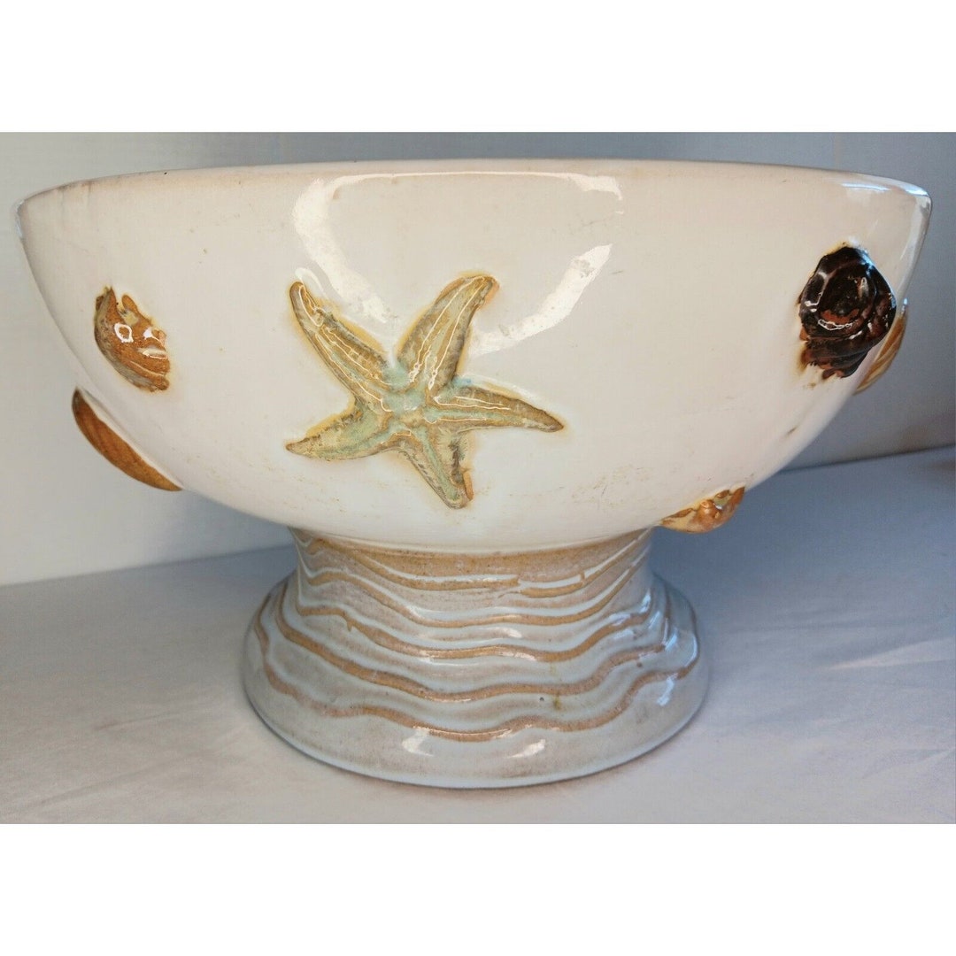 VTG Sea Shell Pedestaled Bowl Huge Seascape Ocean Coastal Boho ...