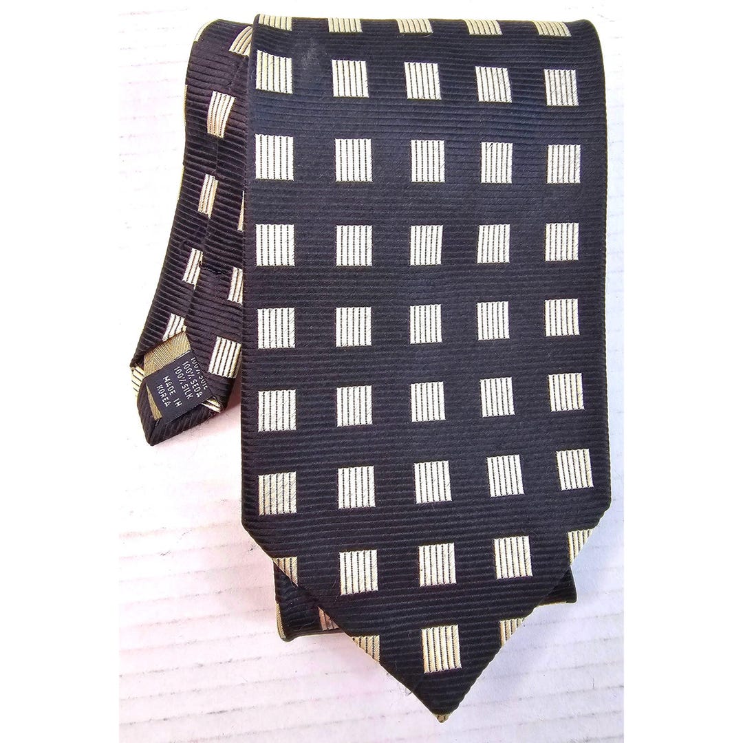 Vtg Valerio Garati Handmade Pure Silk Black & Gold Square Pattern Mens ...