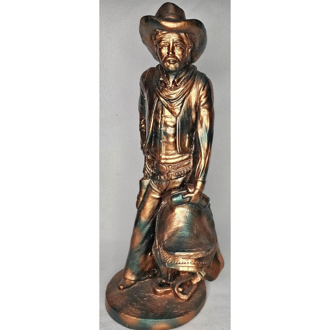 Vintage Western Bronze Cowboy Figurine Holding Saddle - Etsy