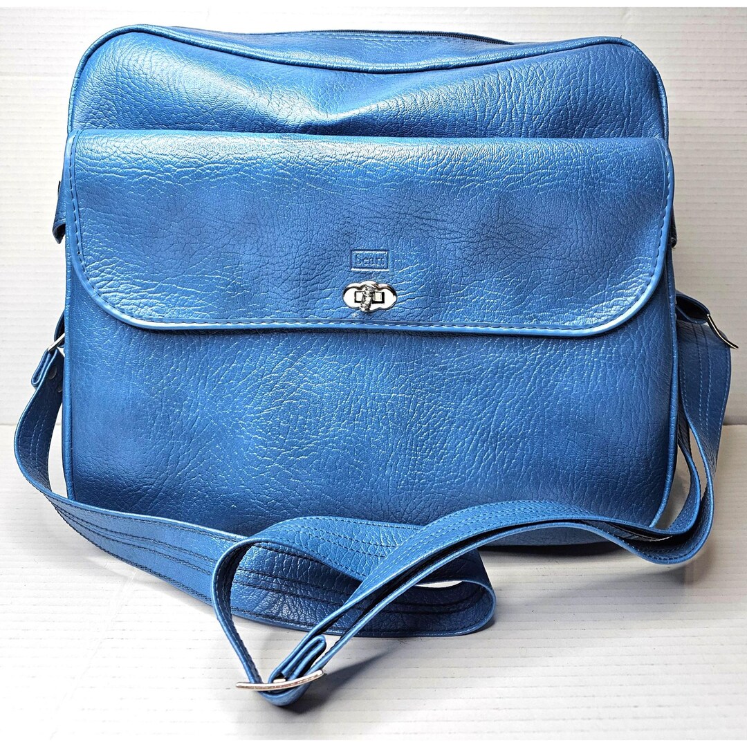 Vintage Sears Blue Faux Leather Messenger Bag Adjustable Strap Twist ...