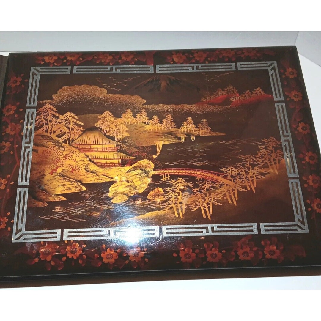 Vintage Japanese Black Lacquer Hand Painted Scrapbook Photo Album Book ...