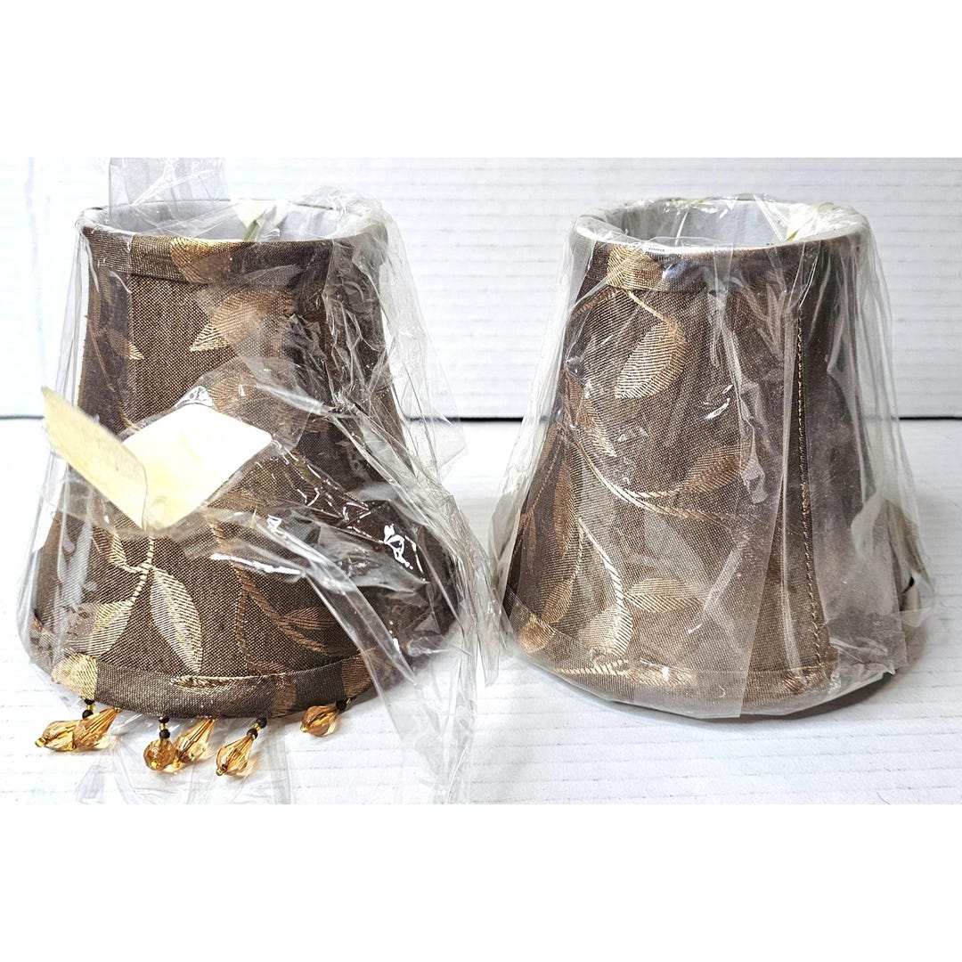 Set of 2 Brown & Gold Embroidered Lamp Shades With Beaded Fringe 5 Inch ...